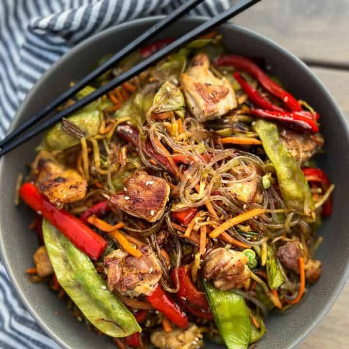 Stir Fried Glass Noodles with Chicken and Veggies - Penny's Primal